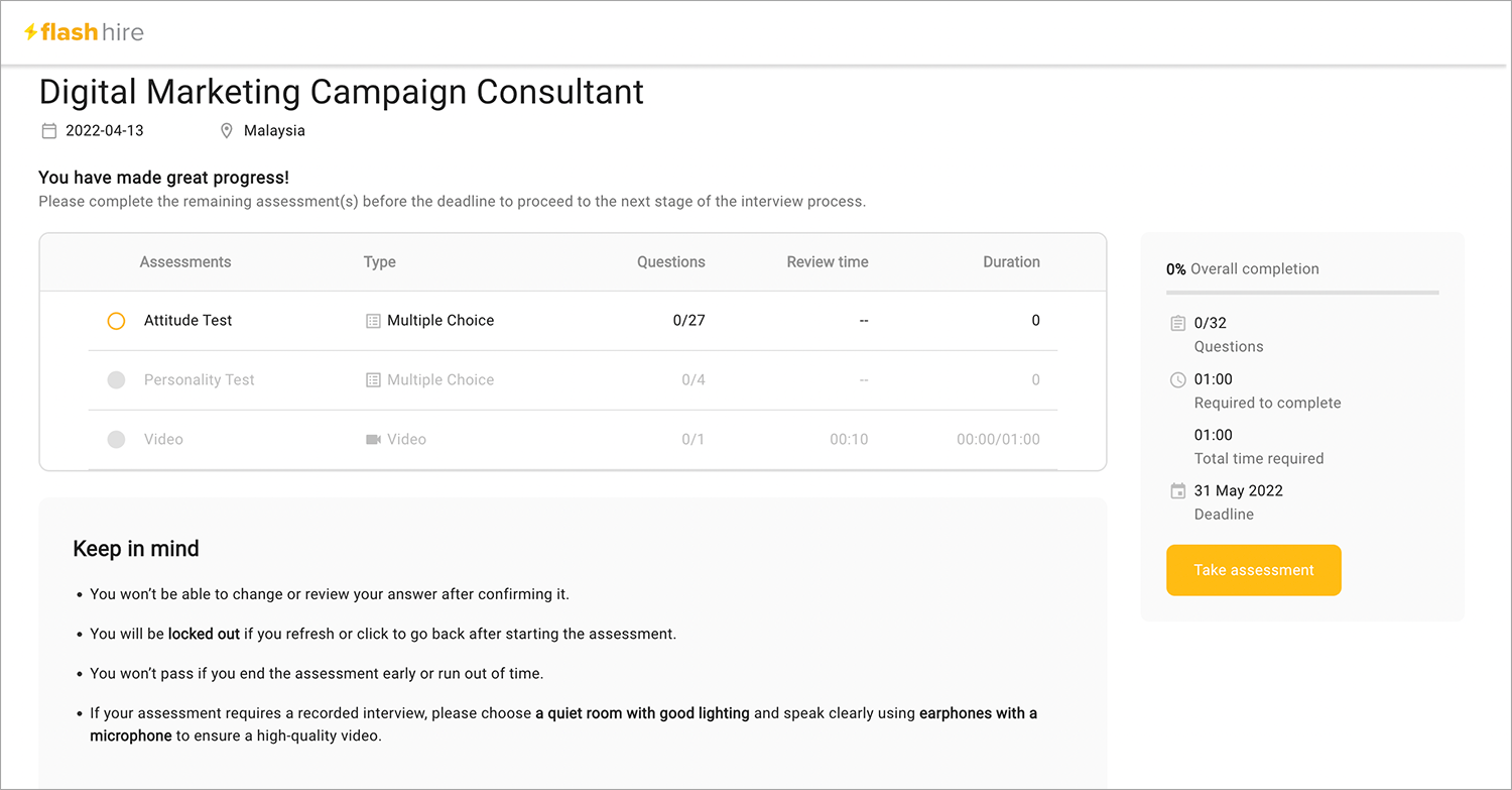 Complete assessments for the position – FLASH Hire
